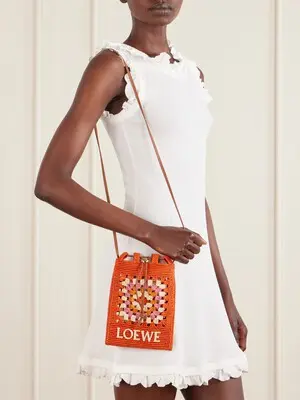 Loewe Paula's Ibiza Logo-trimmed Crocheted Raffia Bucket Bag - Orange
