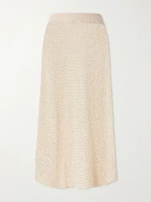 Khaite Inaya Crocheted Cotton And Silk-blend Midi Skirt - Neutrals