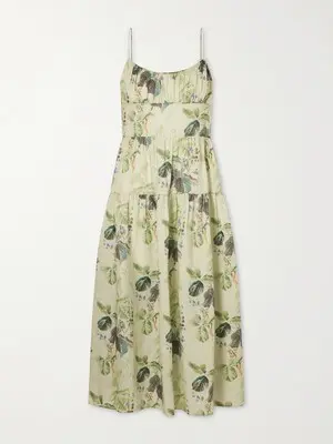 DÔEN Benoit Tiered Floral-print Ramie Midi Dress - Green