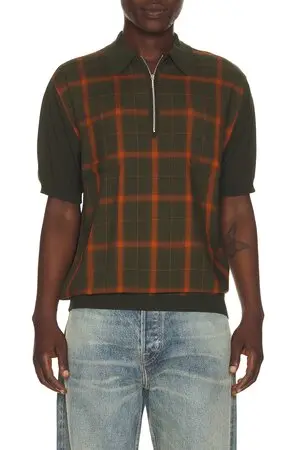 BEAMS Half Zip Panel Polo Ombre Plaid