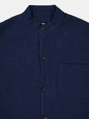 Commas Navy Stand Collar Hemp Viscose Shirt - Blue