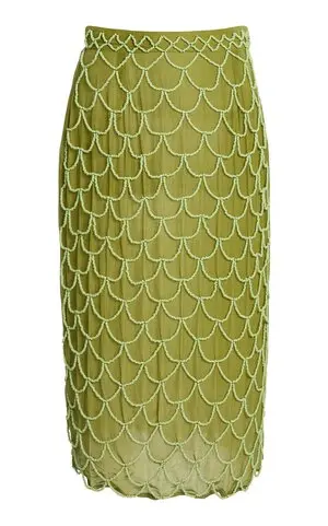 ALL THAT REMAINS Exclusive La Isla Mika Fringed Beaded Cotton Midi Skirt - Green