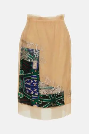 HUI Midi Pencil Skirt With Patchwork Appliqu - Beige