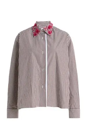 DES_PHEMMES La Isla Classic Cotton-poplin Shirt With Floral Beaded Collar - Stripe