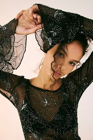 Free People One Night Out Embellished Long Sleeve Top - Black