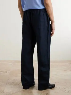 SAMAN AMEL Straight-leg Linen Trousers - Blue