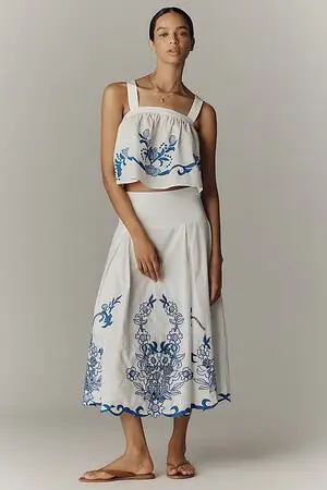 Anthropologie Cotton Cutwork Midi Skirt - White