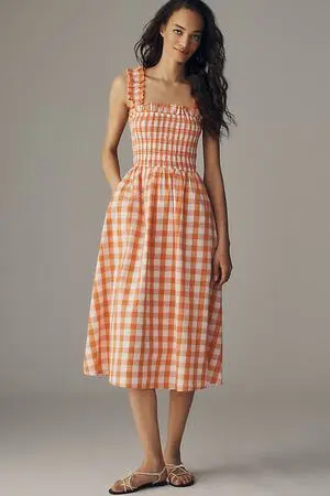 English Factory Gingham Smocked Midi Dress