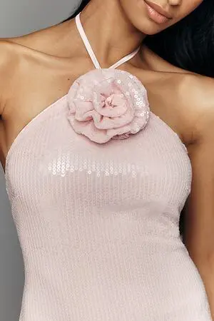 Endless Rose Shimmer Halter Maxi Dress With Rosette Detail - Pink