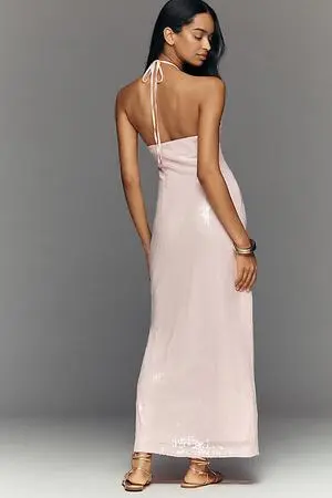Endless Rose Shimmer Halter Maxi Dress With Rosette Detail - Pink