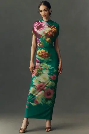 Anthropologie Bhldn Mock-neck Maxi Dress - Green Pattern