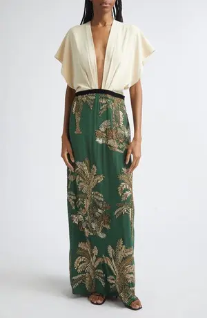 Johanna Ortiz Night Steps Plunge Neck Maxi Dress