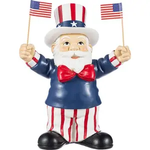 GLITZHOME Patriotic Americana Polyresin Santa Holding Flags Table Decor - Blue