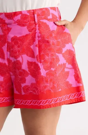 SUGARLIPS Floral Pleated Shorts - Fuchsia-red