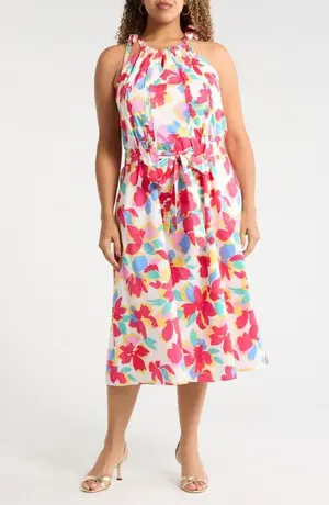 SUGARLIPS Floral Sleeveless Midi Dress With Belt - Fuchsia-multi