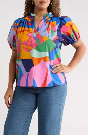 SUGARLIPS Abstract Print Puff Sleeve Top - Red-blue-multi