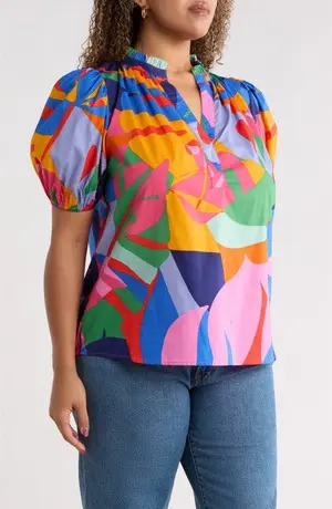 SUGARLIPS Abstract Print Puff Sleeve Top - Red-blue-multi