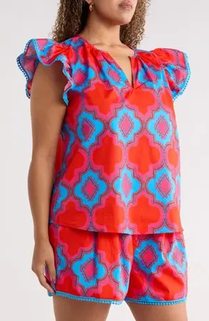 SUGARLIPS Devant Carya Ruffle Cotton Top - Red Blue