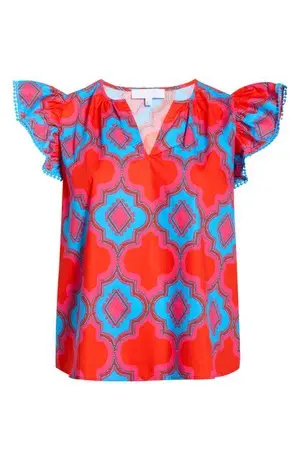SUGARLIPS Devant Carya Ruffle Cotton Top - Red Blue