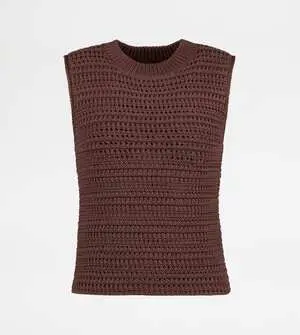 TOD'S Cotton Knit Vest With Crochet Detailing - Brown