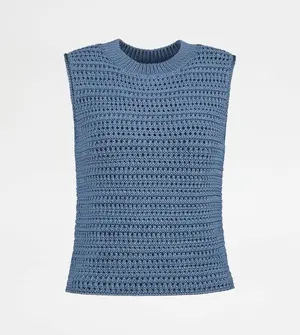 TOD'S Cotton Knit Vest With Crochet Detailing - Blue