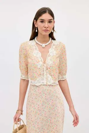 Rixo Ursula Floral Print Lace Trimmed Top