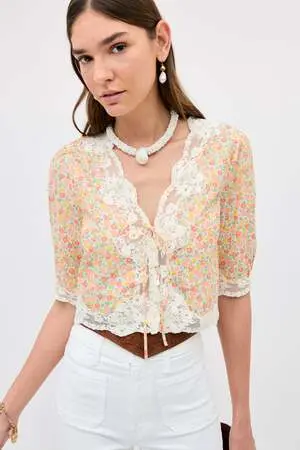 Rixo Ursula Floral Print Lace Trimmed Top