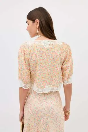 Rixo Ursula Floral Print Lace Trimmed Top