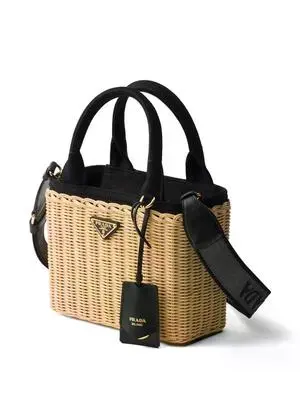 Prada Small Wicker And Canvas Tote Bag - Neutrals