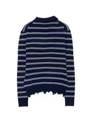 SHUSHU/TONG Striped Distressed-effect Polo Shirt
