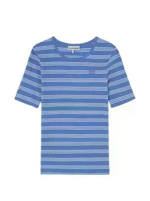 GANNI Striped Rib-knit T-shirt - Blue