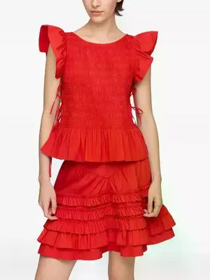 GANNI Smocked Ruffled Top - Red