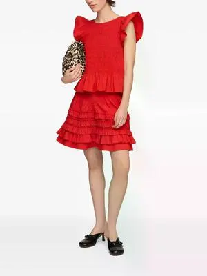 GANNI Smocked Ruffled Top - Red