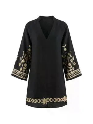 Greek Archaic Kori Embroidered Linen Dress With V-neck And Raglan Sleeves