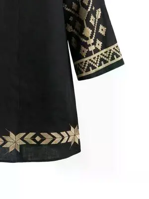 Greek Archaic Kori Embroidered Linen Dress With V-neck And Raglan Sleeves