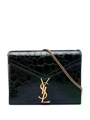 Saint Laurent 2018 Shiny Croc Embossed Calfskin Monogram Cassandra Chain Wallet - Black