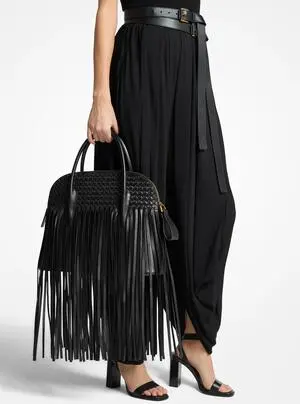 Michael Kors Kaitlin Large Fringed Woven Leather Dome Satchel - Black