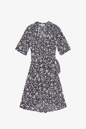 GANNI Printed Crepe Wrap Dress - Black