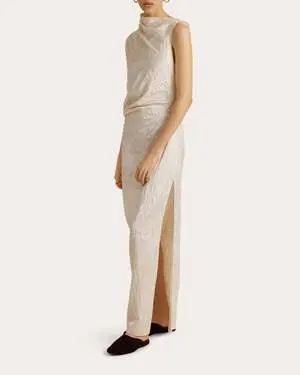 Marina Moscone Satin Jacquard Asymmetric Drape Column Dress - White
