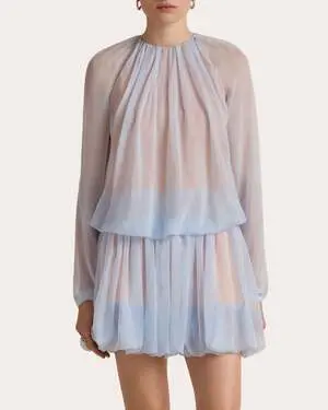 Marina Moscone Silk Chiffon Gathered Long-sleeve Blouse - Blue