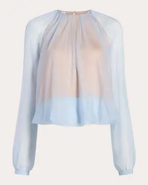 Marina Moscone Silk Chiffon Gathered Long-sleeve Blouse - Blue