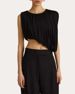 Marina Moscone Jersey Gathered Drape Asymmetric Crop Top - Black
