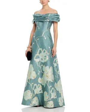 Rickie Freeman For Teri Jon Off-the-shoulder Jacquard Gown