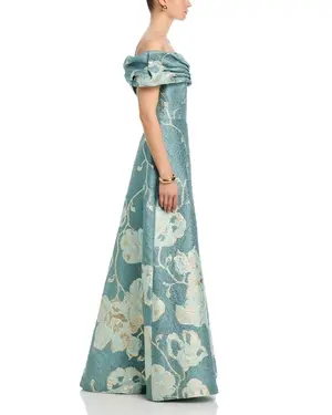 Rickie Freeman For Teri Jon Off-the-shoulder Jacquard Gown