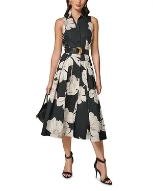 Donna Karan New York Sleeveless Floral Print Belted A-line Dress