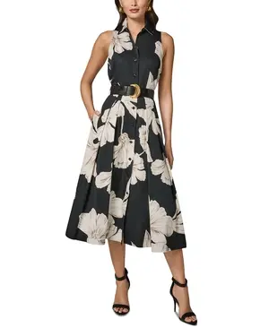 Donna Karan New York Sleeveless Floral Print Belted A-line Dress