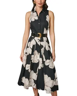 Donna Karan New York Sleeveless Floral Print Belted A-line Dress