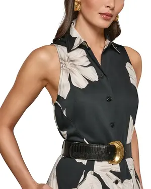 Donna Karan New York Sleeveless Floral Print Belted A-line Dress