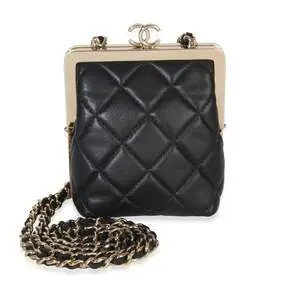 Chanel Quilted Lambskin Cc Frame Clutch With Chain - Black