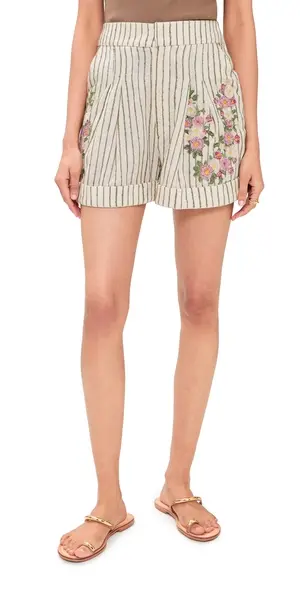 Agua Bendita Rommy Paraiso Striped Floral Appliqué Shorts